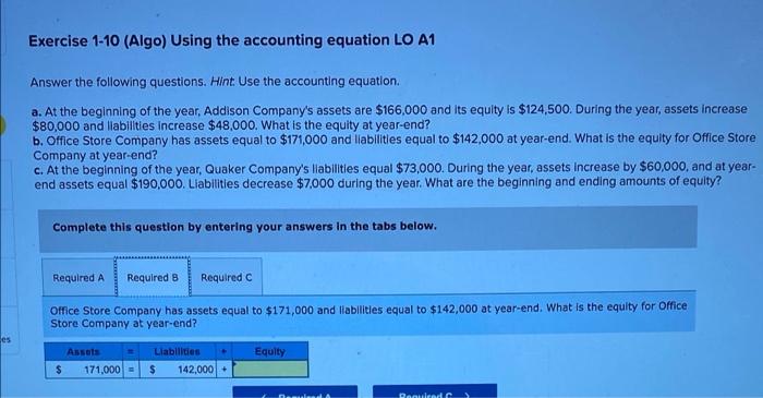 Solved Exercise 1-10 (Algo) Using the accounting equation LO | Chegg.com