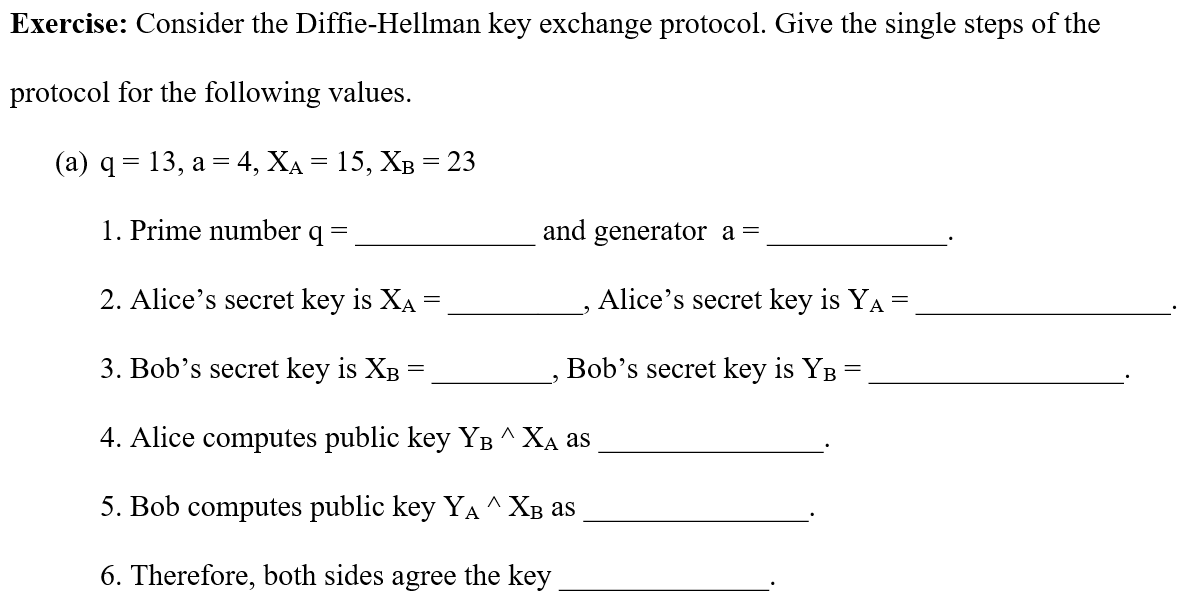 Exercise: Consider the Diffie-Hellman key exchange | Chegg.com