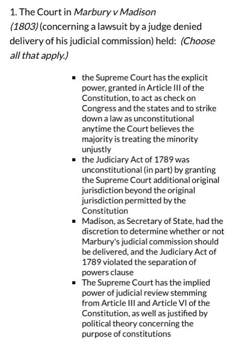 1. The Court in Marbury v Madison (1803) (concerning | Chegg.com