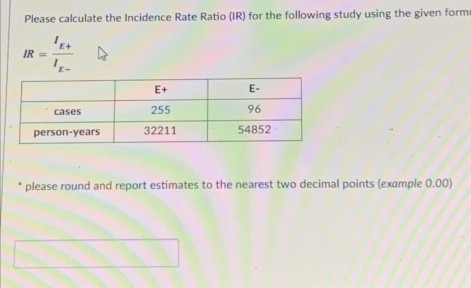 Solved Please calculate the Incidence Rate Ratio (IR) ﻿for | Chegg.com