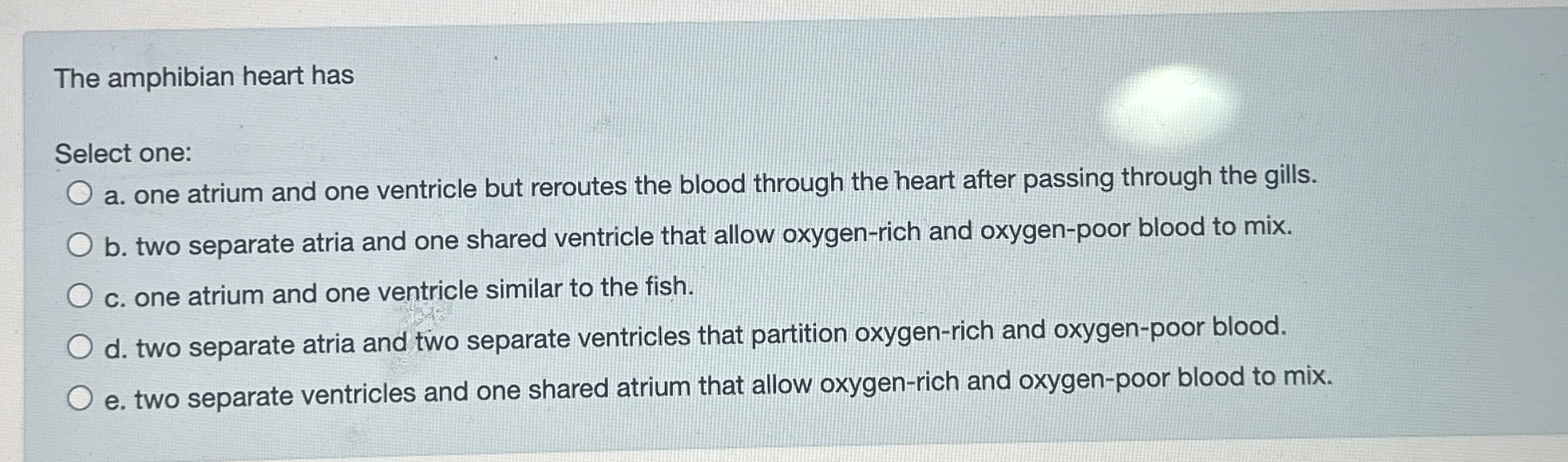 Solved The amphibian heart hasSelect one: ﻿a. ﻿one atrium | Chegg.com