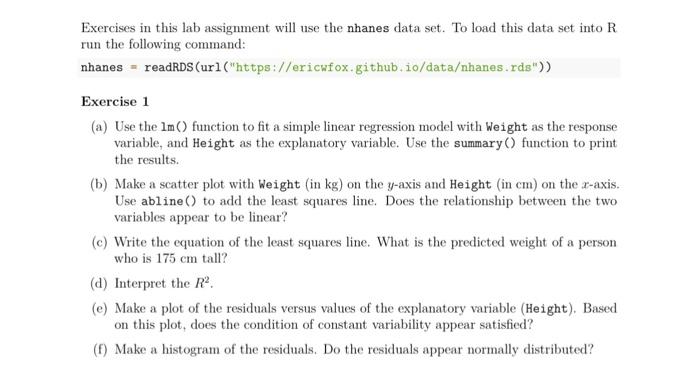 Exercises in this lab assignment will use the nhanes | Chegg.com