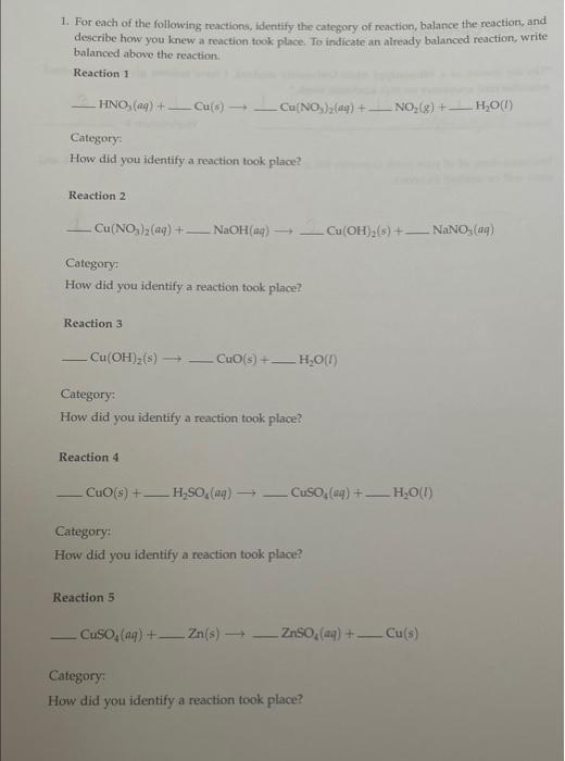 Solved 1. For each of the following reactions, identify the | Chegg.com