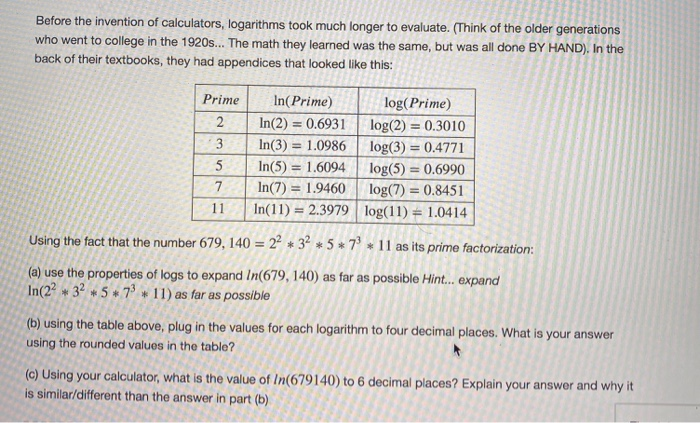 Solved Before the invention of calculators, logarithms took | Chegg.com