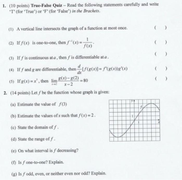 Solved 1. (10 points) True-False Quiz - Read the following | Chegg.com