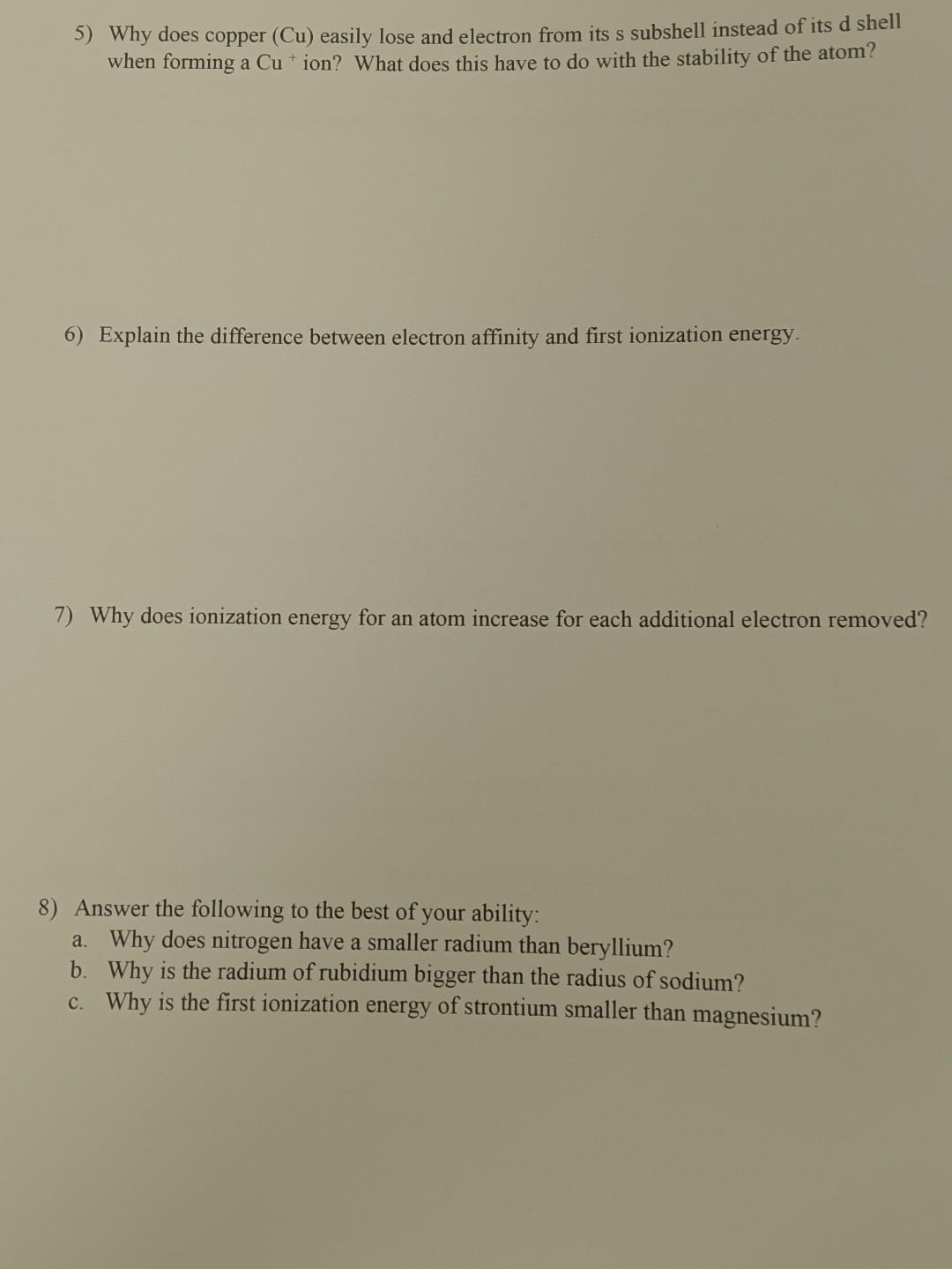 Solved 1) List the following elements in increasing | Chegg.com