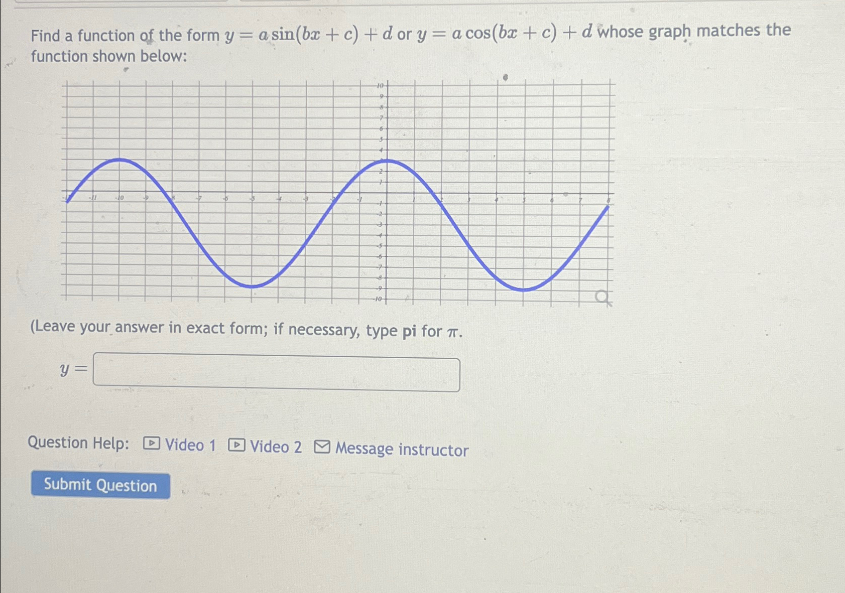 Solved Find a function of the form y=asin(bx+c)+d ﻿or | Chegg.com