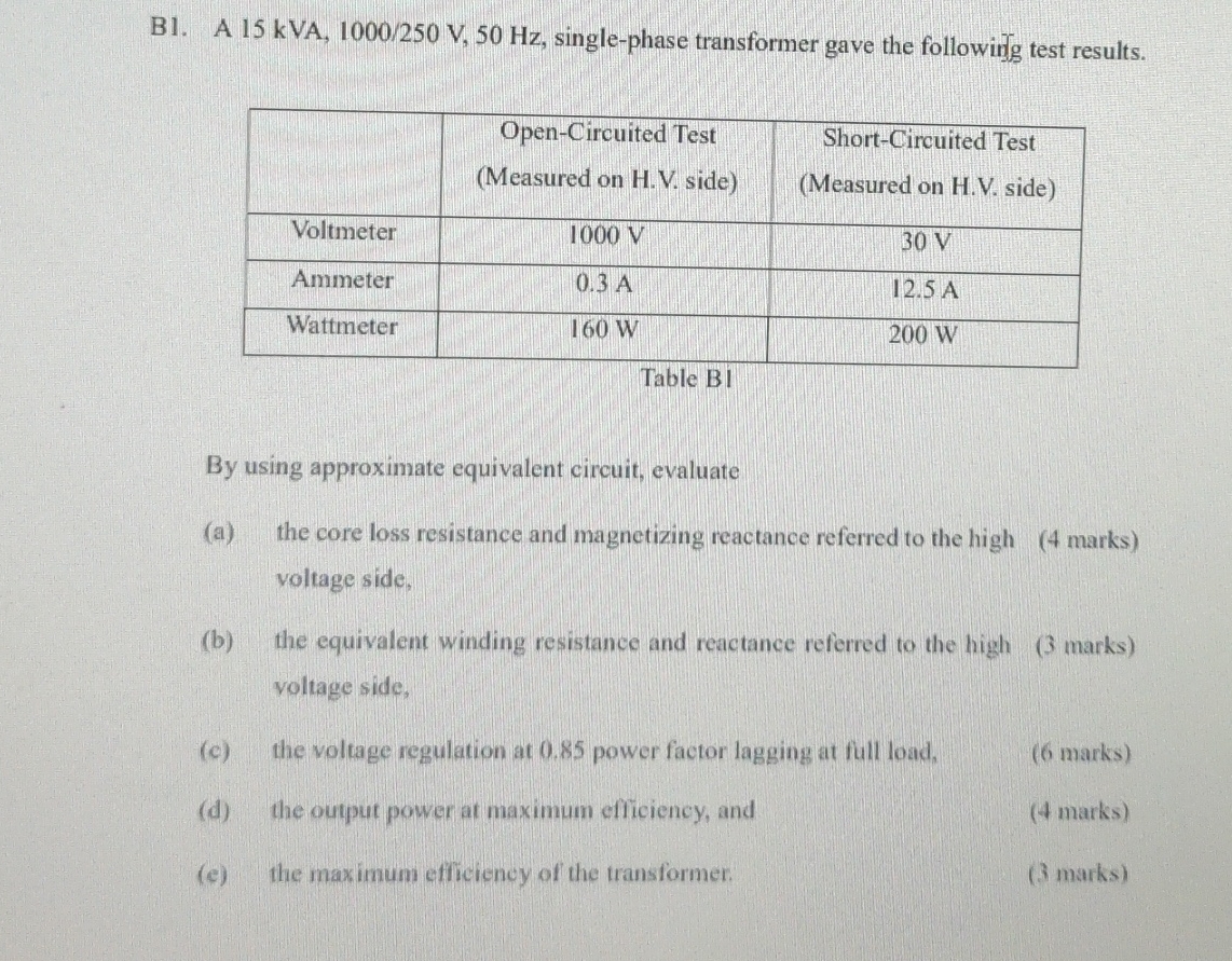 Solved B1. ﻿A 15kVA,1000250V,50Hz, ﻿single-phase transformer | Chegg.com