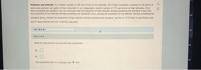 Solved Pollution and altitude in a random sample of 238 cars | Chegg.com