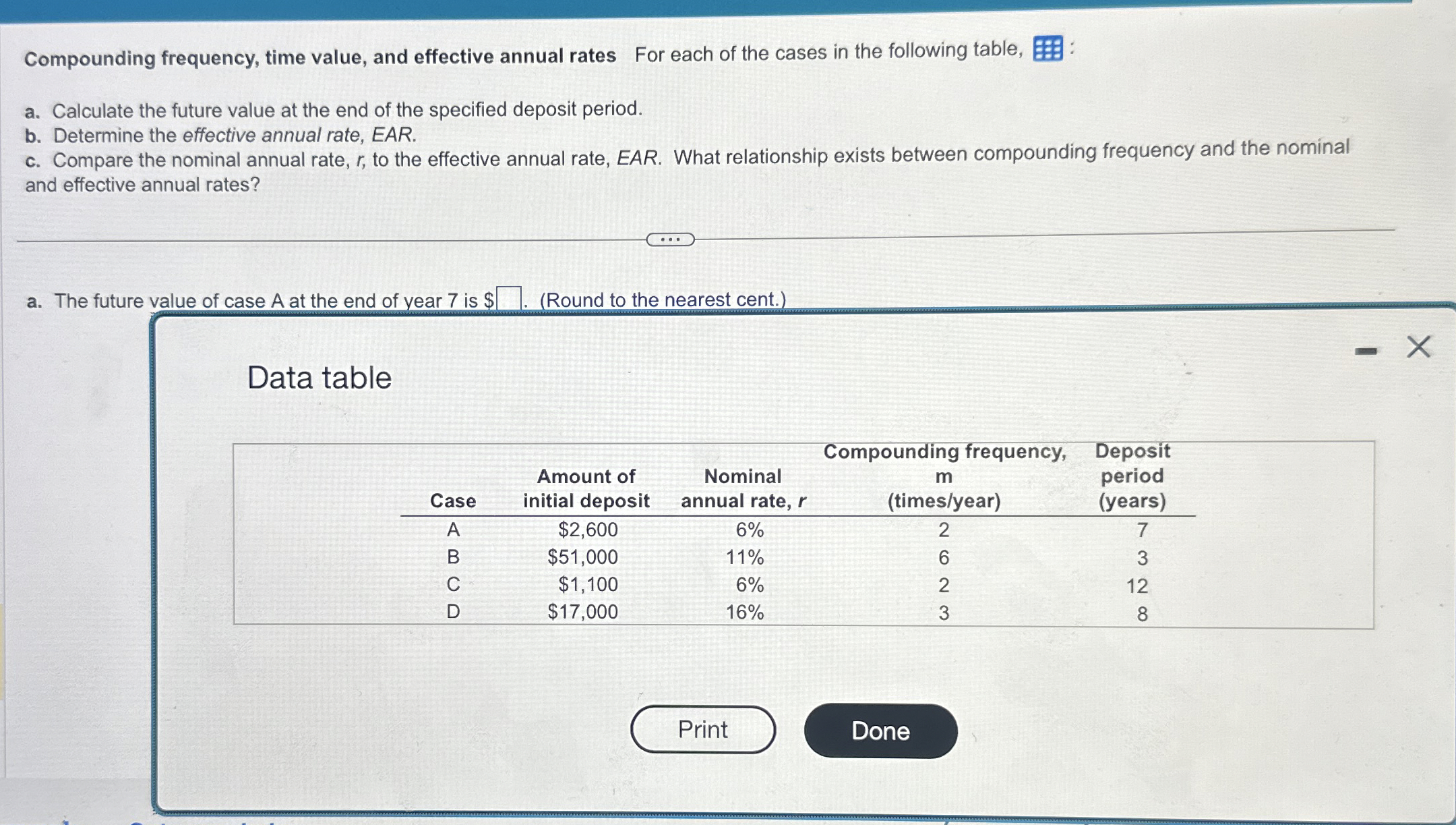 Solved Compounding frequency, time value, and effective | Chegg.com