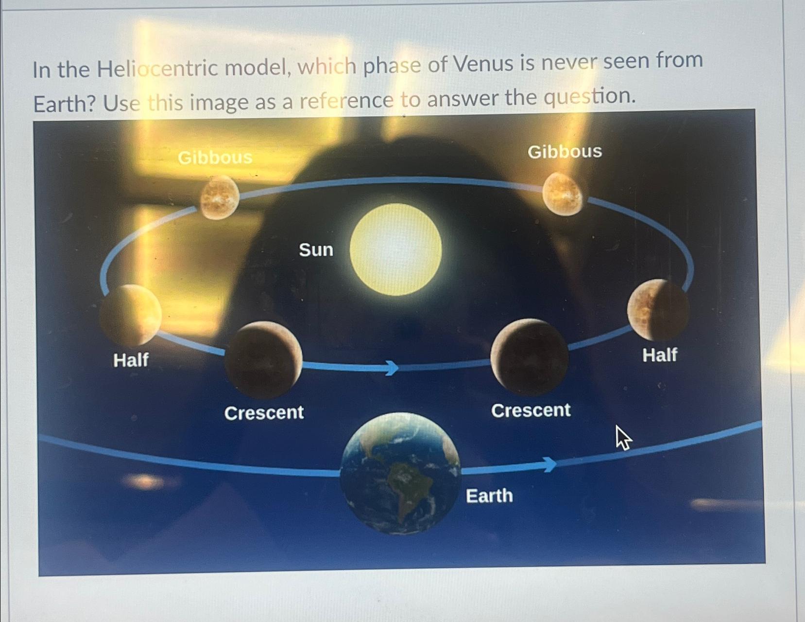 Solved In the Heliocentric model, which phase of Venus is | Chegg.com