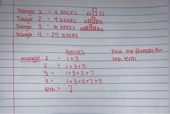 Solved Trangle 1 = 4 blocks Triangle 2 = 9 blocks Triangle 3 | Chegg.com