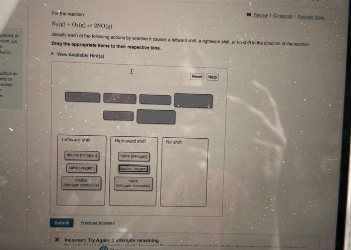 Solved N2( g)+O2( g)⇄2NO(g) classity each of the following | Chegg.com