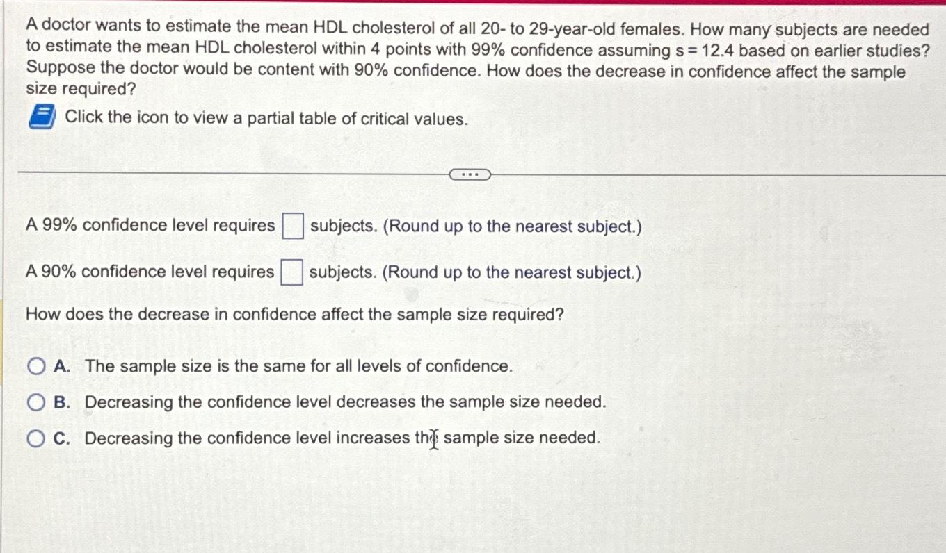Solved A doctor wants to estimate the mean HDL cholesterol | Chegg.com