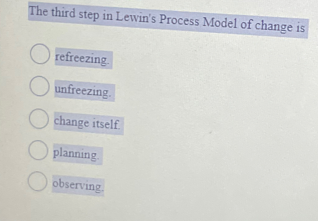 Solved The third step in Lewin's Process Model of change | Chegg.com