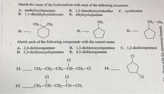 Solved Match the name of the hydrocarbon with each of the | Chegg.com