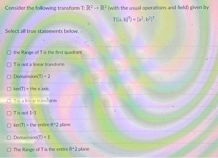 Consider the following transform T:R2−>R2 (with the | Chegg.com