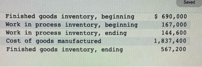 Solved Saved Finished goods inventory, beginning Work in | Chegg.com