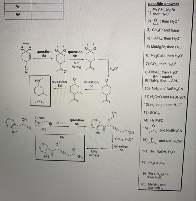Solved 5e 5f possible answers Ph-CH2-MgBr 1) then H20 2) | Chegg.com