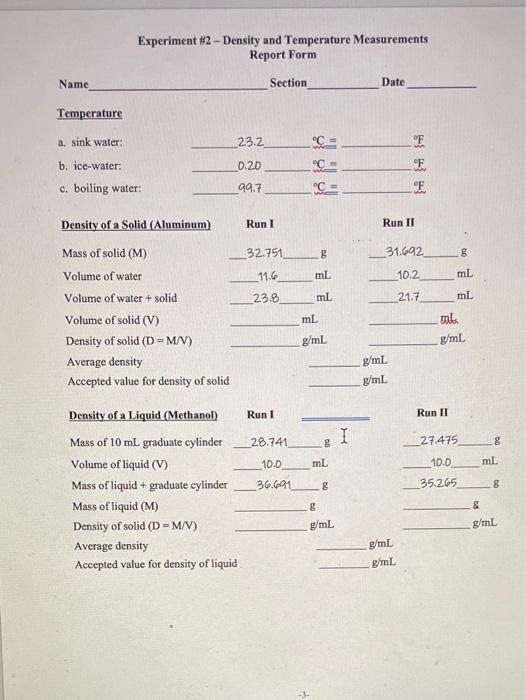Solved Experiment #2 - Density and Temperature Measurements | Chegg.com