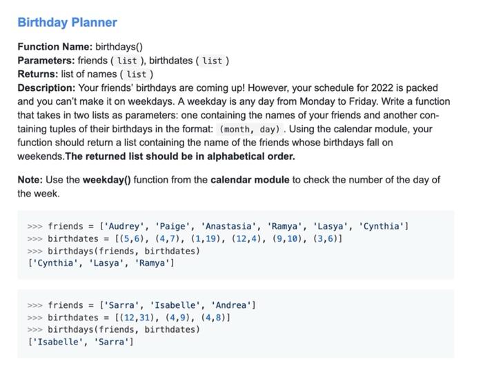 Solved Birthday Planner Function Name: birthdays() | Chegg.com