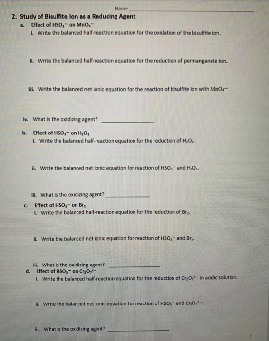 Solved Name 2. Study of Bisulfite lon as a Reducing Agent a. | Chegg.com