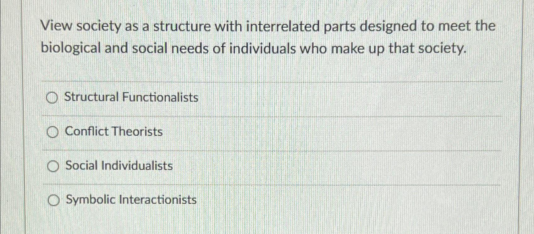 Solved View society as a structure with interrelated parts | Chegg.com