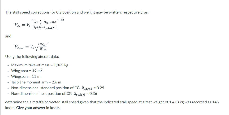 Solved The stall speed corrections for CG position and | Chegg.com
