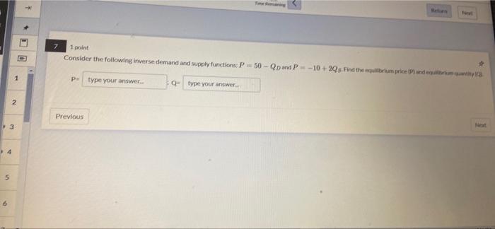 Solved - 7 1 point Consider the following inverse demand and | Chegg.com