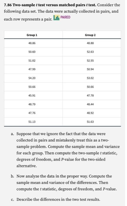 Solved 7.86 Two-sample t test versus matched pairs t test. | Chegg.com
