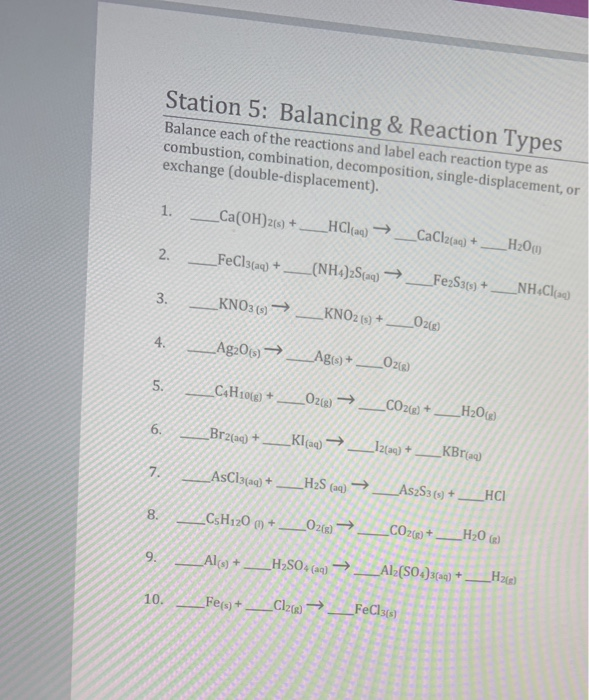 Solved Station 5: Balancing & Reaction Types Balance each of | Chegg.com