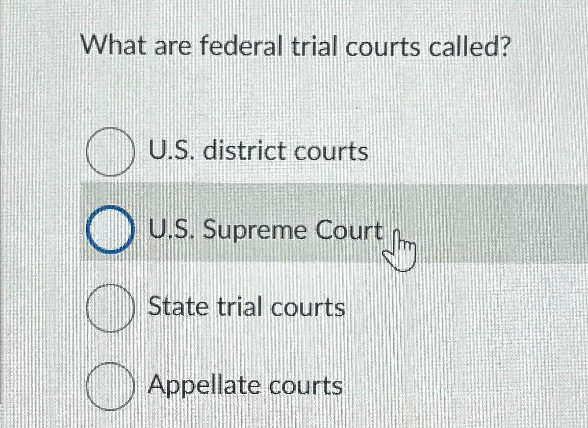Solved What are federal trial courts called?U.S. ﻿district | Chegg.com