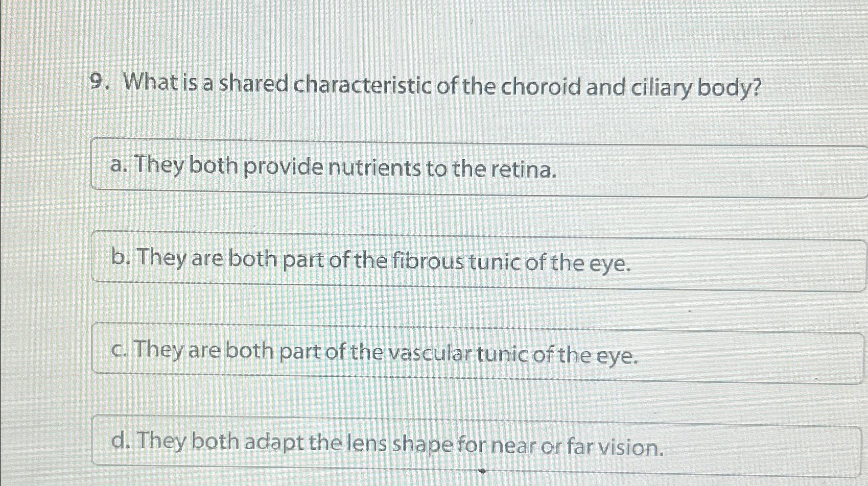 Solved What is a shared characteristic of the choroid and | Chegg.com