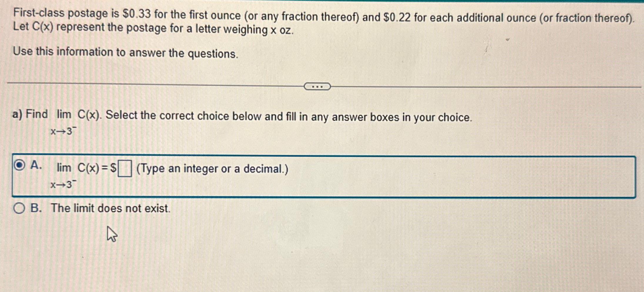 Solved First-class postage is $0.33 ﻿for the first ounce (or | Chegg.com