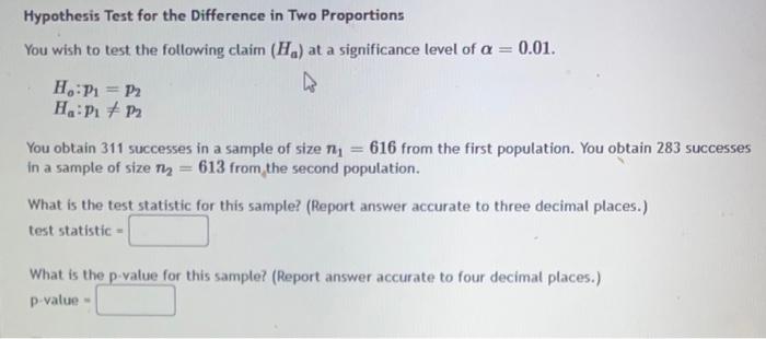 Solved Hypothesis Test for the Difference in Two Proportions | Chegg.com