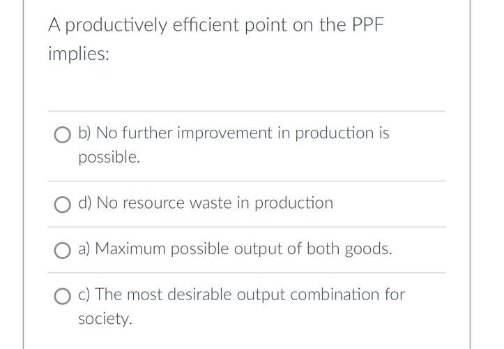 Solved A productively efficient point on the PPF implies:b) | Chegg.com