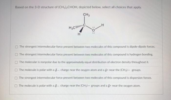 Solved Based on the 3-D structure of (CH3)2CHOH, depicted | Chegg.com