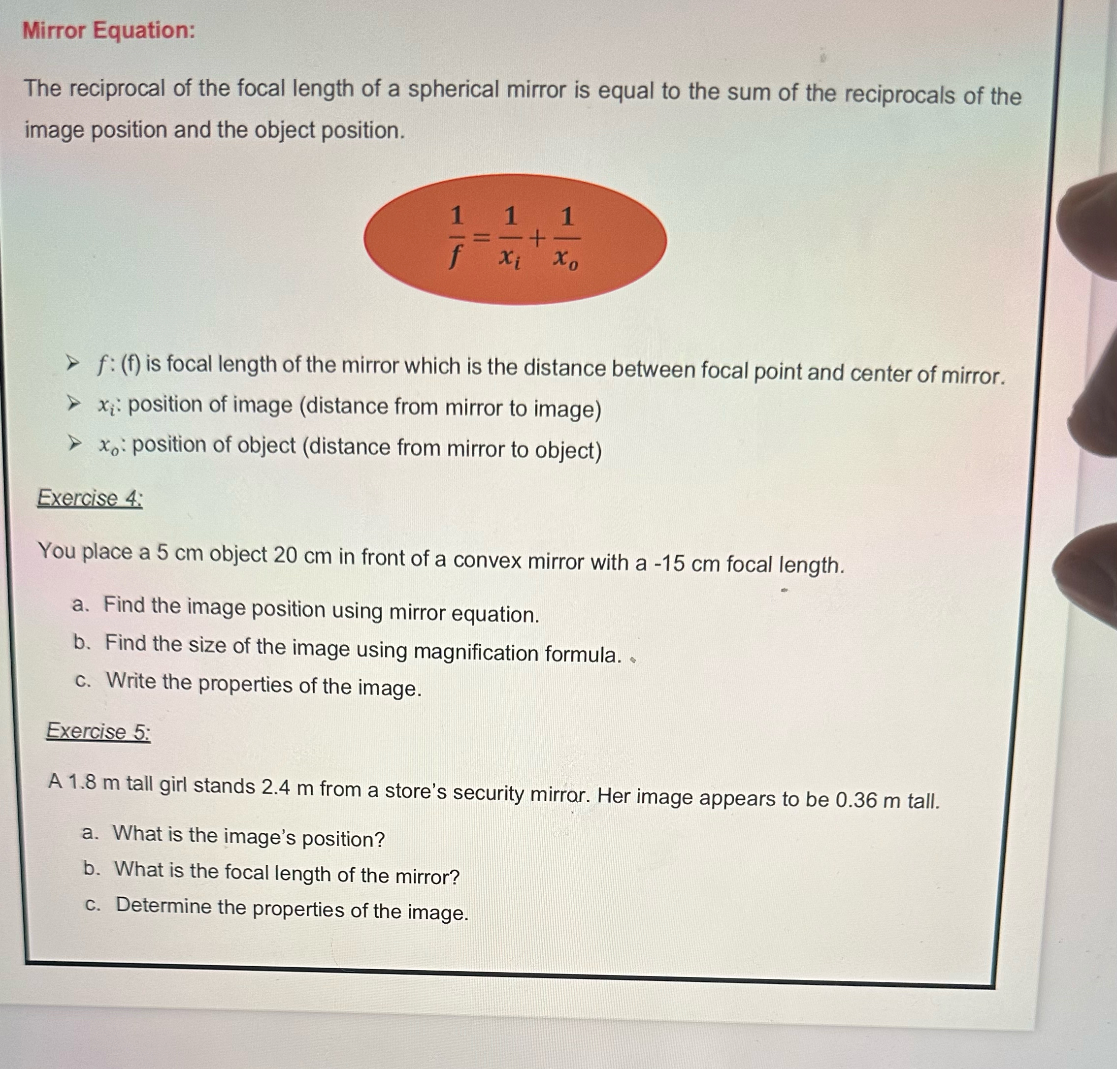 Solved Mirror Equation:The reciprocal of the focal length of | Chegg.com