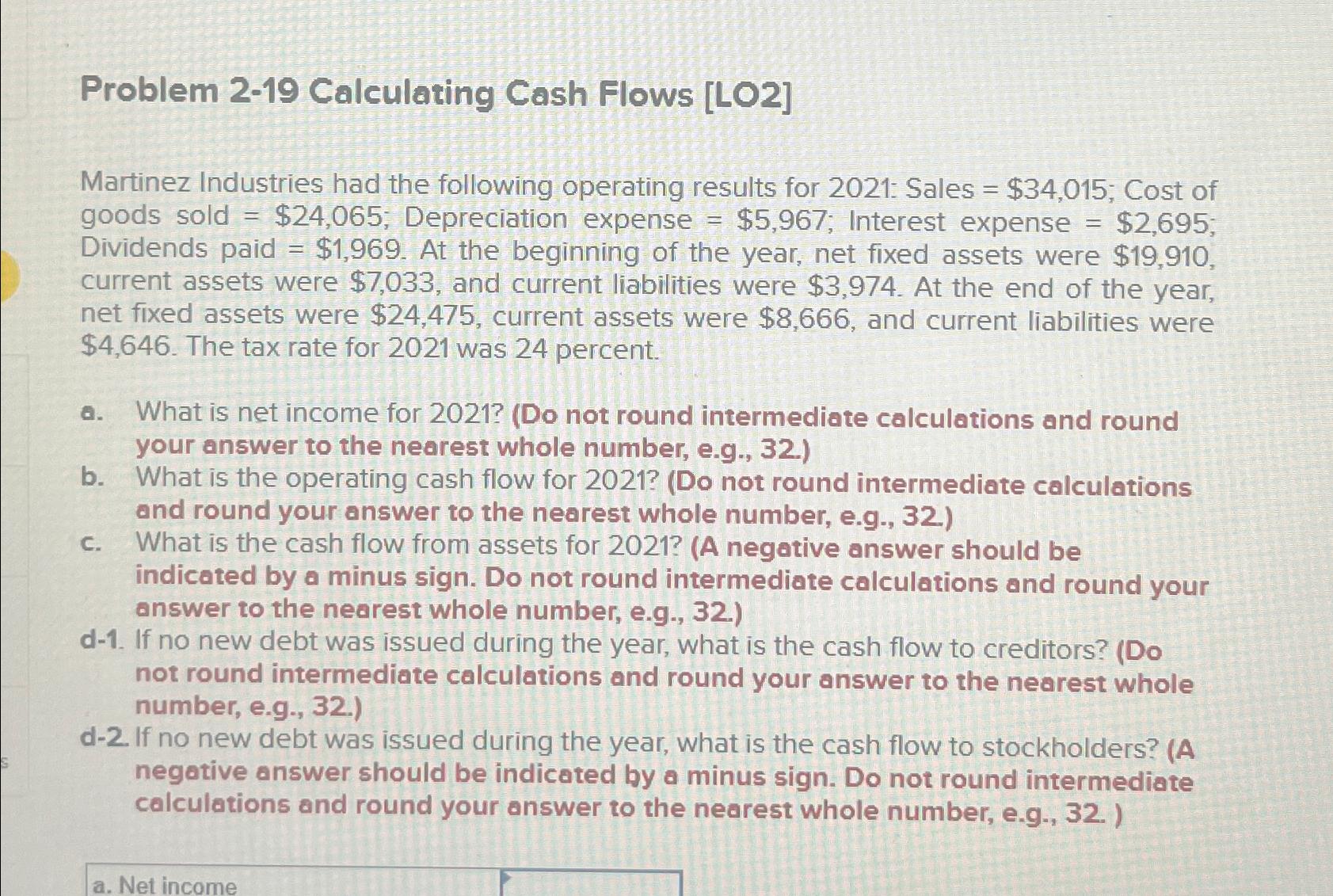 Solved Problem 2-19 ﻿Calculating Cash Flows [LO2]Martinez | Chegg.com