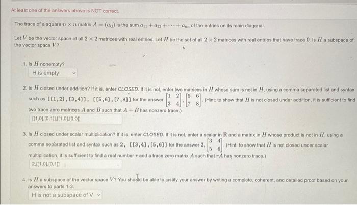 Solved The trace of a square n×n matrix A=(aij) is the sum | Chegg.com