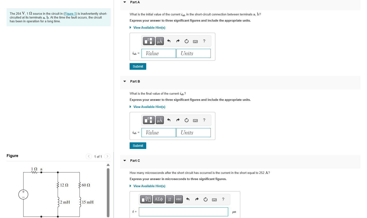 Solved Part AThe 264V,1Ω ﻿source in the circuit in (Figure | Chegg.com