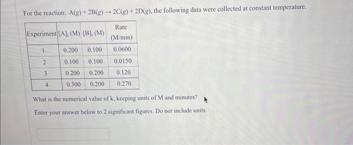 Solved For the reaction: A(g)+2B(g)→2C(g)+2D(g), the | Chegg.com