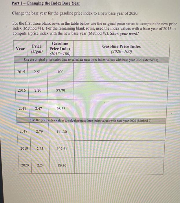 Solved Part 1 - Changing the Index Base Year Change the base | Chegg.com