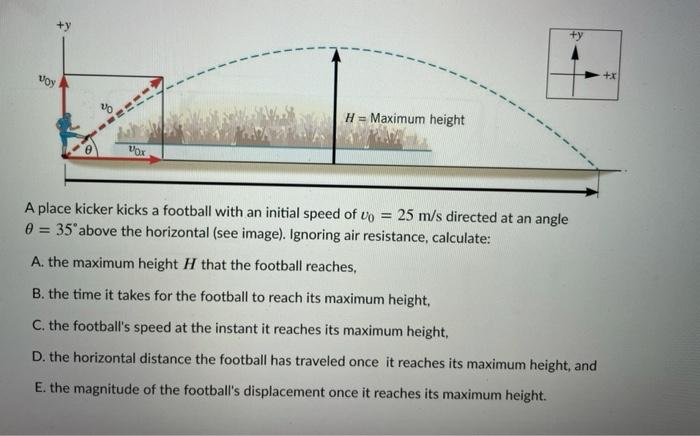 Solved Voy + H = Maximum height Vox A place kicker kicks a | Chegg.com