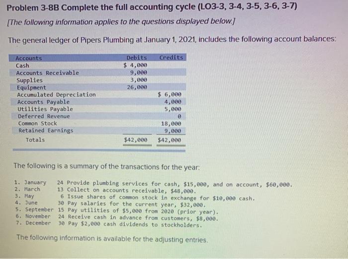 Solved Problem 3-8B Complete the full accounting cycle | Chegg.com