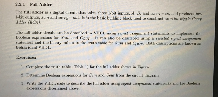 Solved 2.2.1 Full Adder The full adder is a digital circuit | Chegg.com