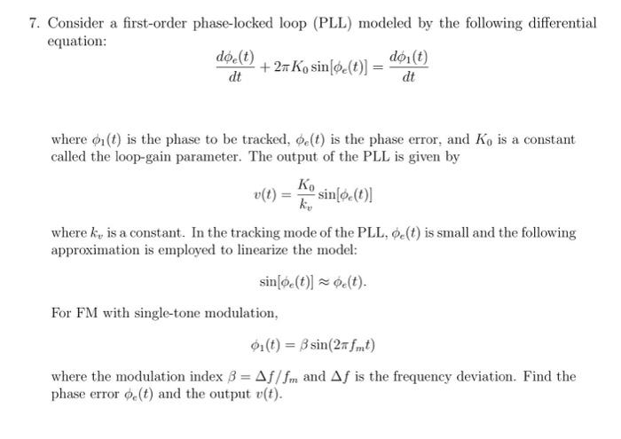 Solved 7. Consider a first-order phase-locked loop (PLL) | Chegg.com