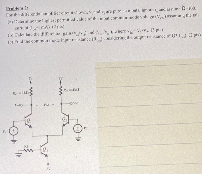 [Solved]: Problem 2: For the differential amplifier circuit