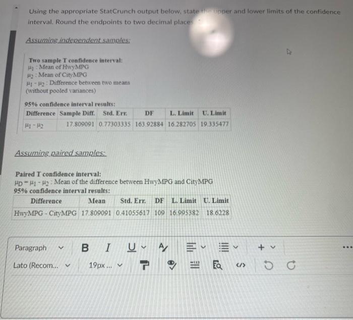 Solved Using The Appropriate Statcrunch Output Below State 
