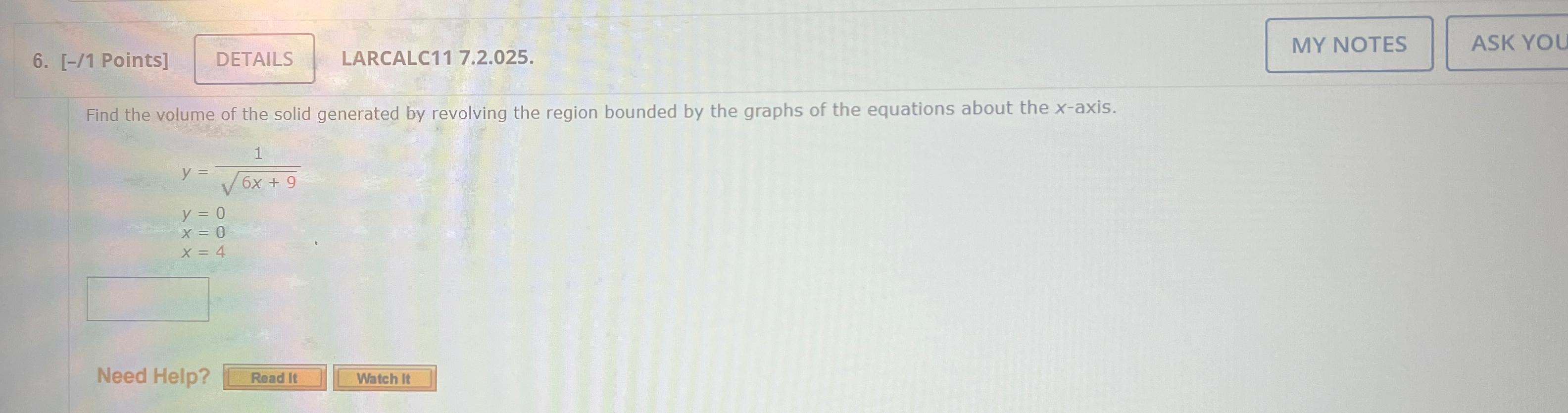 Solved [-/1 ﻿Points]LARCALC11 7.2.025.Find the volume of the | Chegg.com